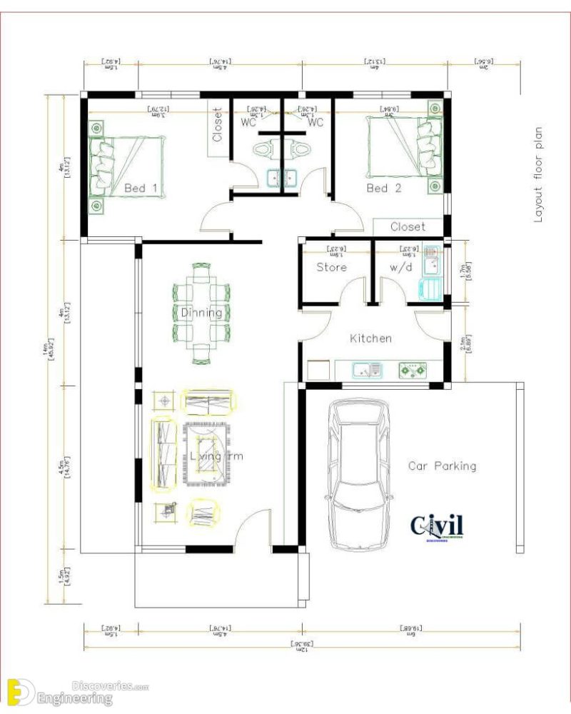 New House Design 12×14 Meter (40×46 Feet) With 2 Beds - Engineering ...