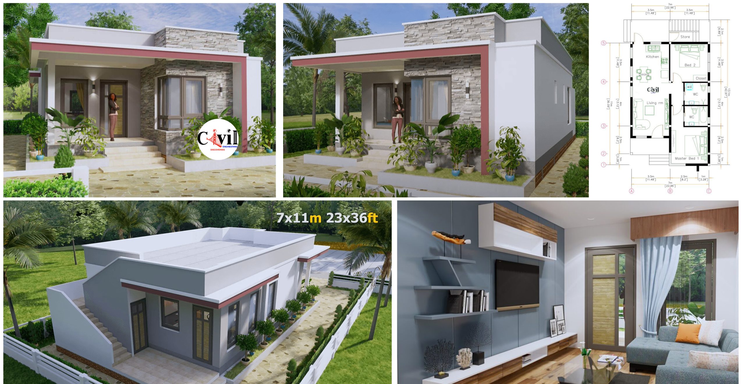 Small House Plans 7×11 Meters With 2 Bedrooms | Engineering Discoveries