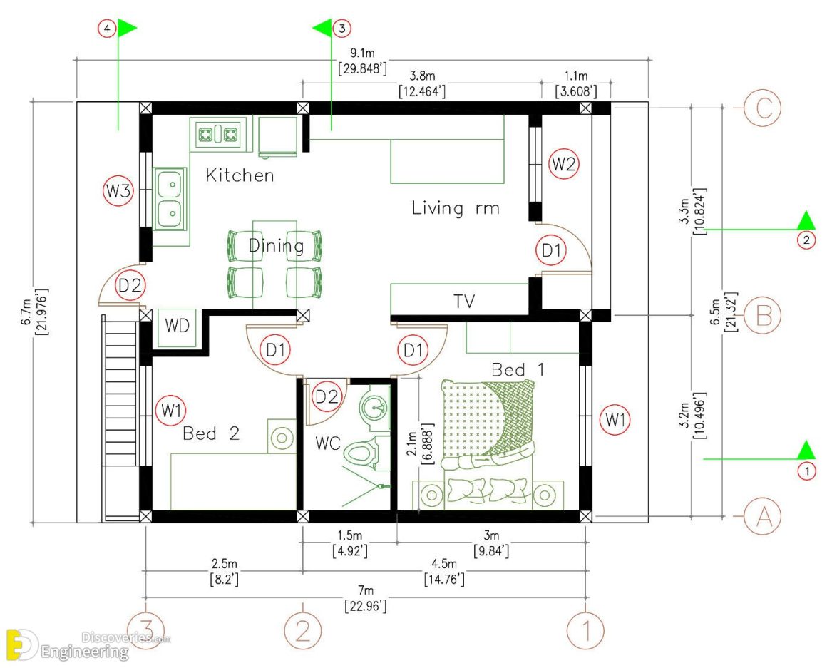 Small House Design 6.5.0m x7.0m With 2 Bedroom – Full Plan ...